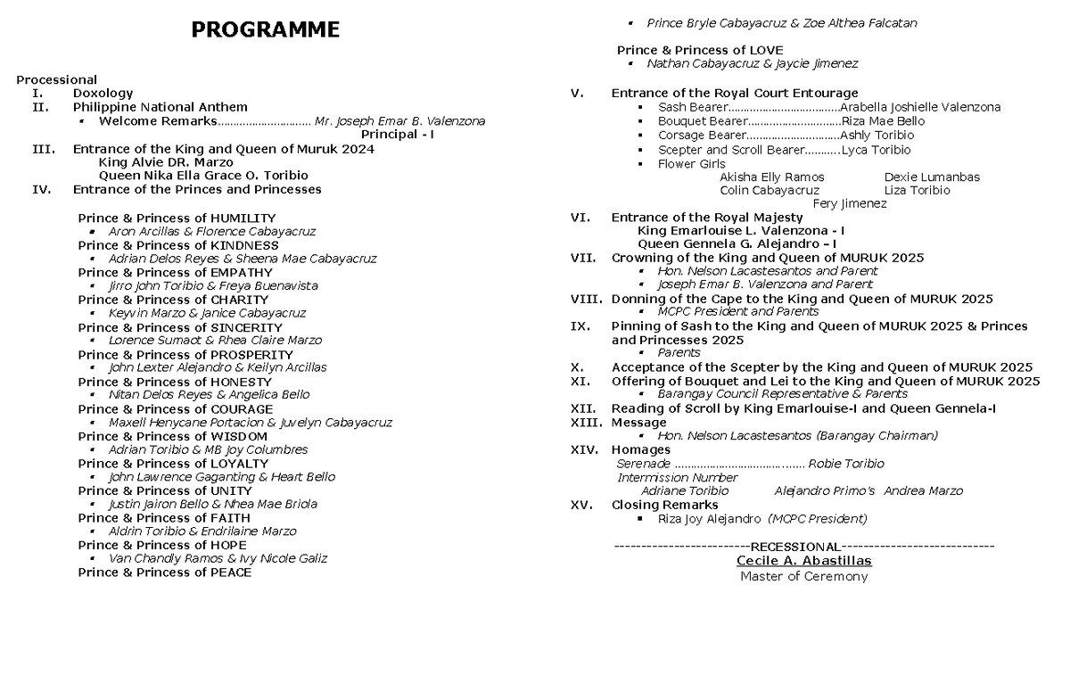 King and Queen of Muruk Ceremony Program 2025 - Studocu
