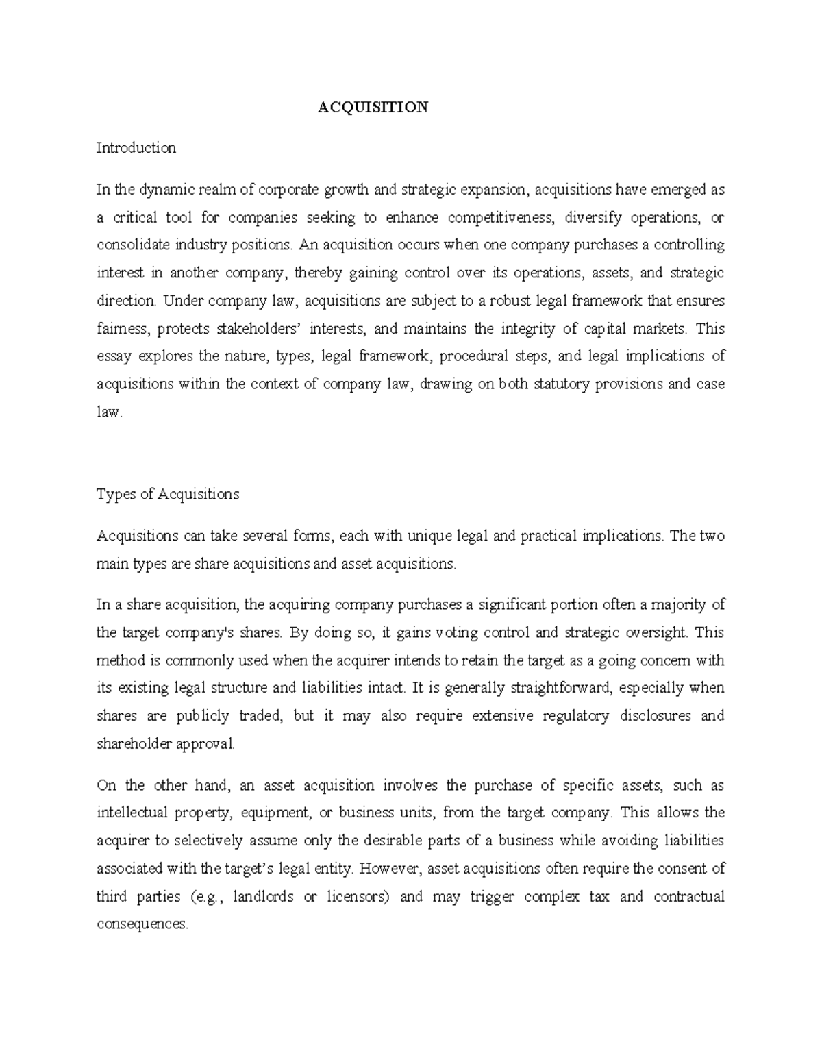 ACQUISITION: Legal Framework and Implications - Tutorial Notes - Studocu
