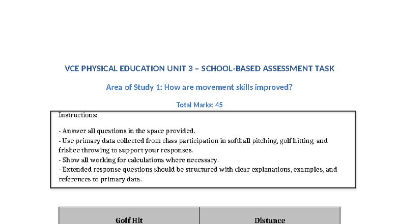 VCE PE Unit 3 Assessment Task: Movement Skills Improvement Analysis ...
