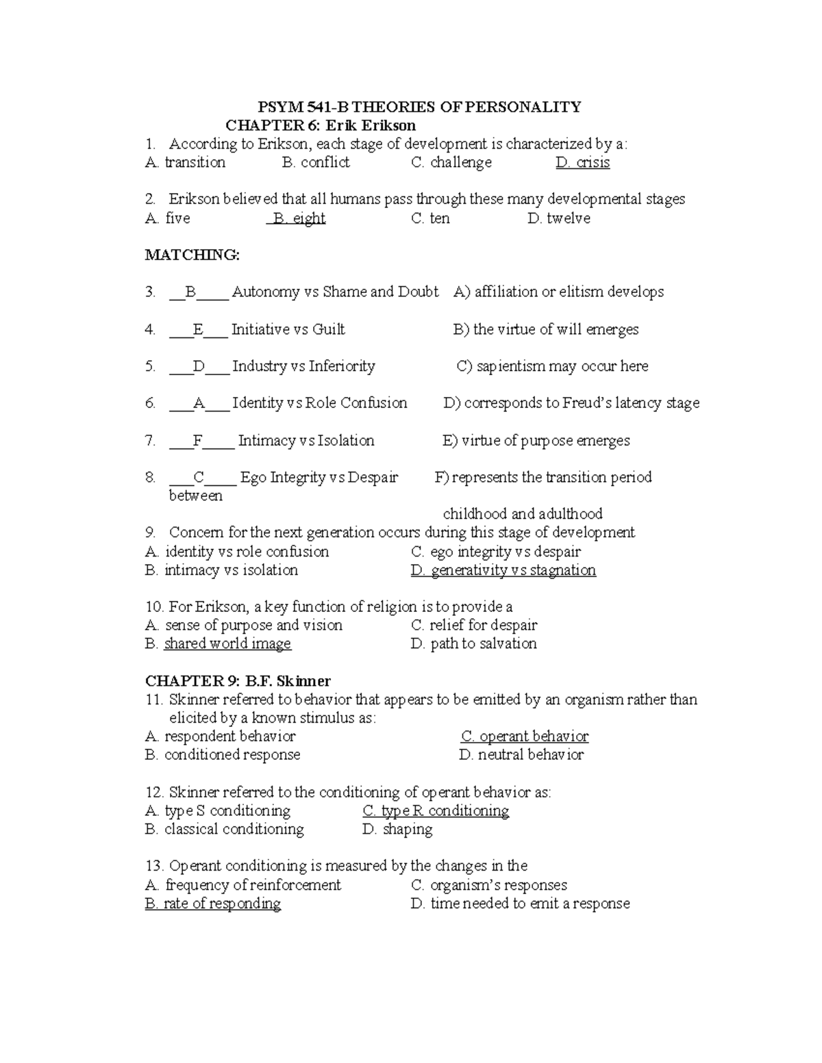 PSYM 541-B Personality Theories Summary: Key Concepts and Stages - Studocu