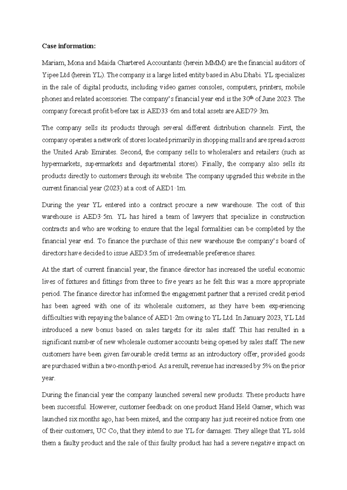 Audit Risk Factors and Responses for YL Ltd (ACCT 301) - Studocu