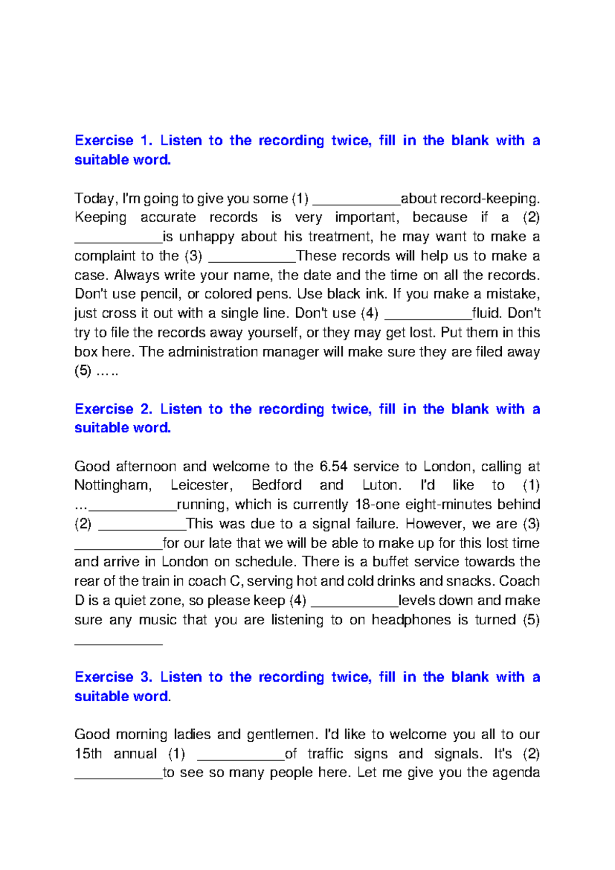 BOOK 3 Listening - Fill-in-the-Blank Exercises - Studocu