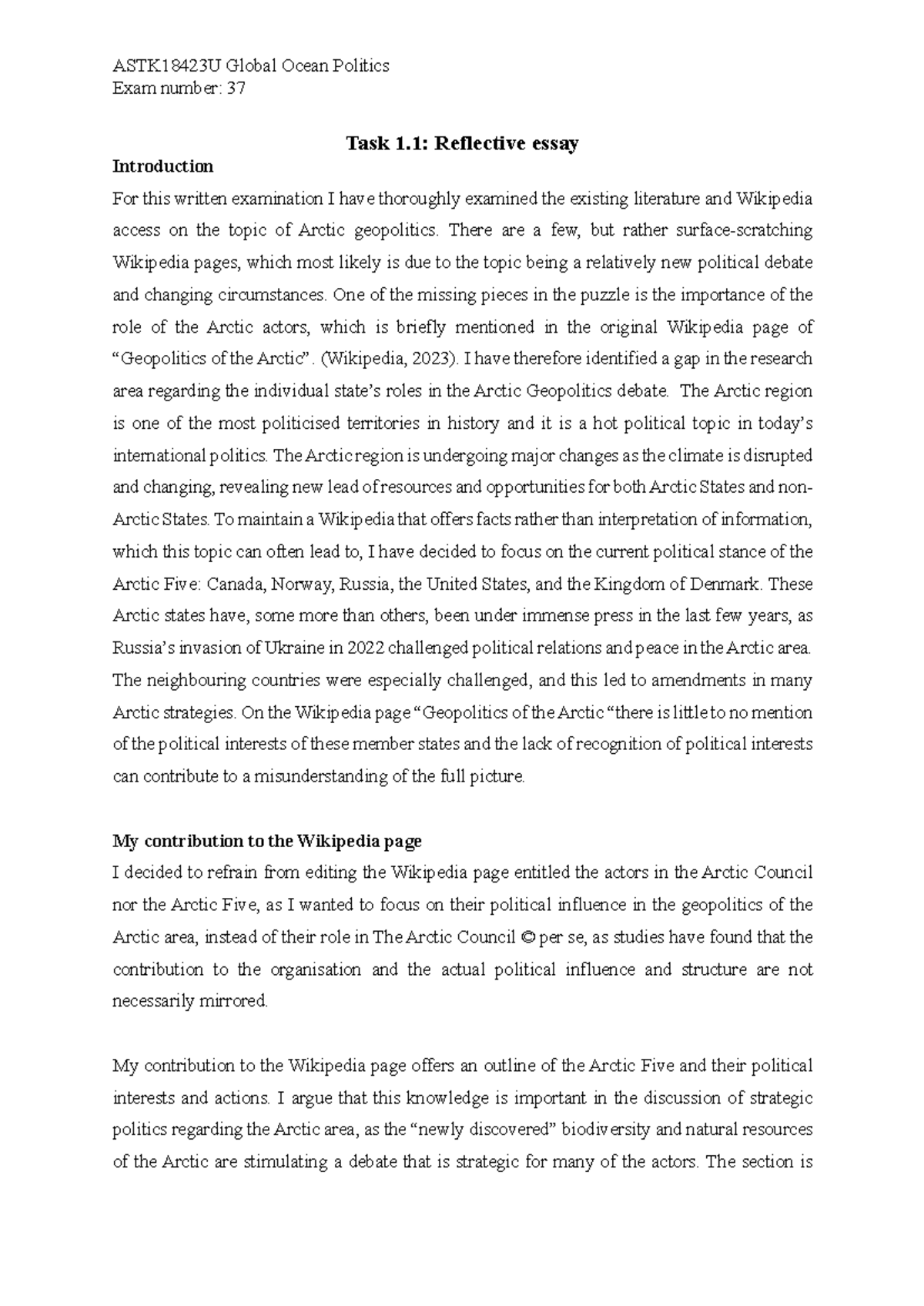 ASTK18423U Global Ocean Politics: Reflective Essay on Arctic ...