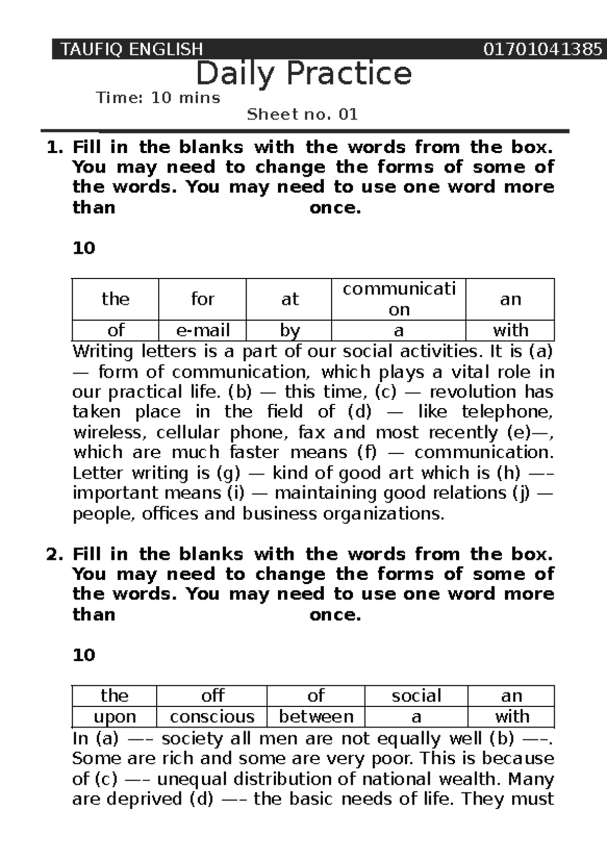 Daily Practice Sheet 1: Gaps with Clues - 2nd Paper 01701041385 - Studocu