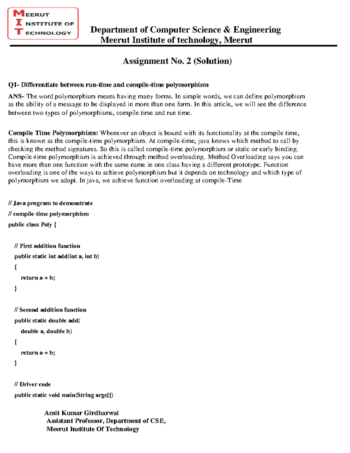 Solution-BCS 403 OOPS with Java: Polymorphism Explained - Studocu