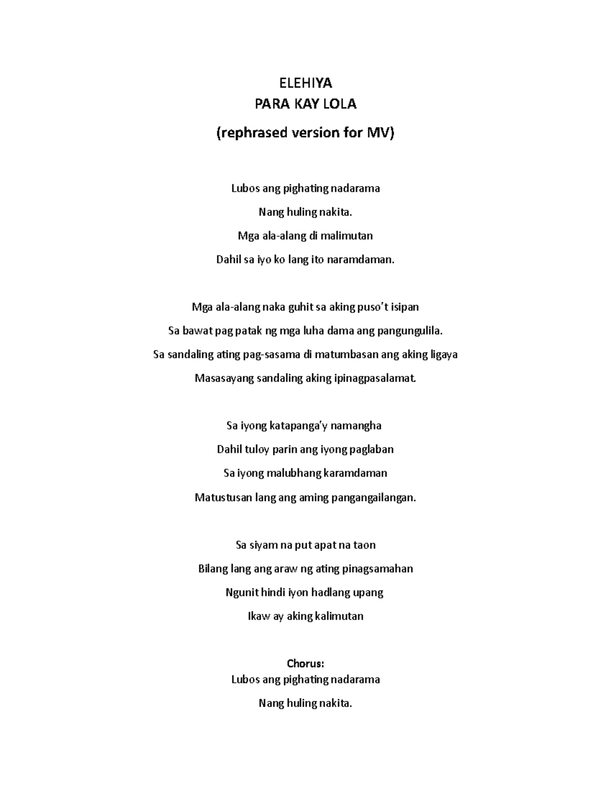 Elehiya para kay Lola (rephrased version for MV) - Studocu