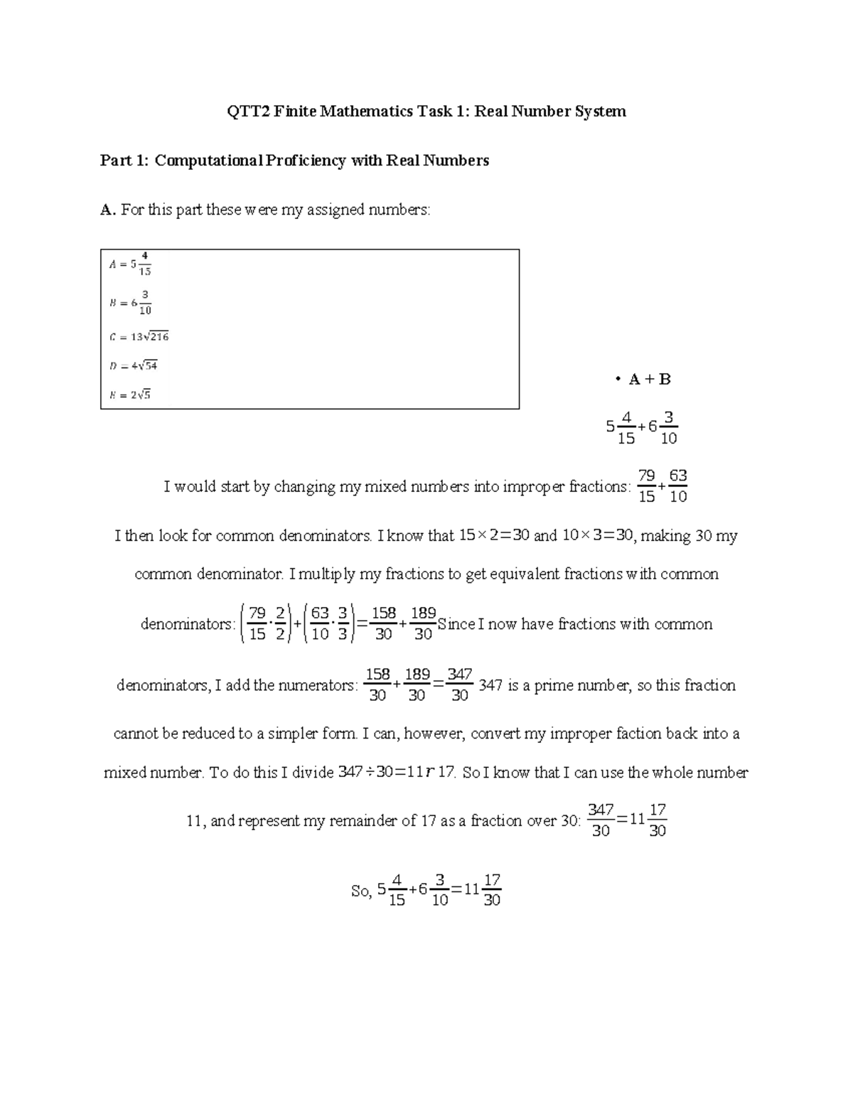 QTT2 Task 1: Real Number System and Computational Proficiency - Studocu