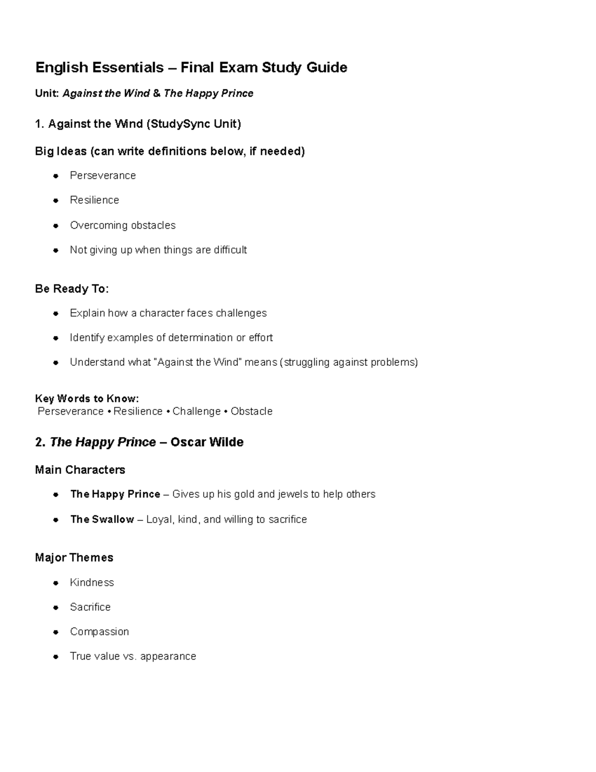 English Essentials ENGL 101 Final Exam Study Guide: Key Themes ...