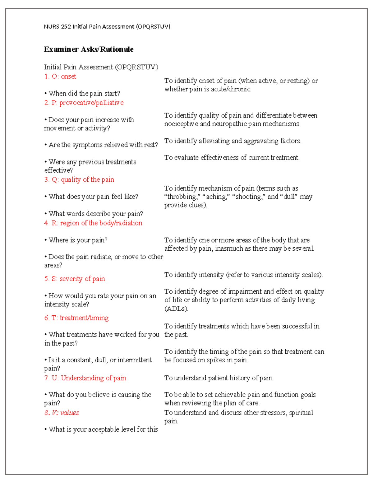 NURS 252 Initial Pain Assessment: Understanding OPQRSTUV Framework ...