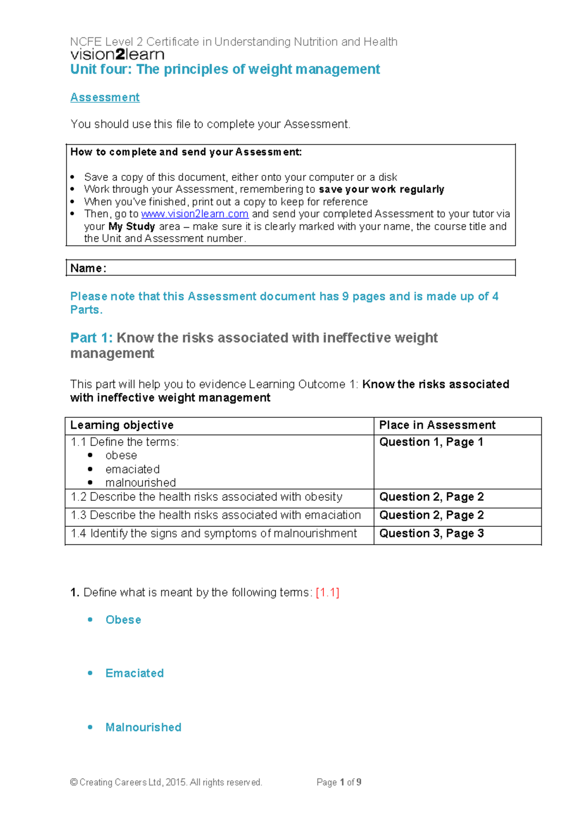 NCFE Level 2 Nutrition & Health Unit 4: Weight Management Assessment ...