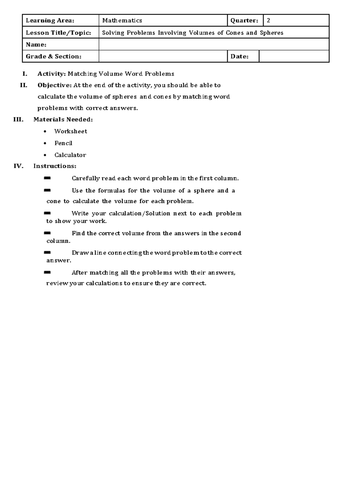 Math 8 Q2: Lesson on Solving Volume Problems of Cones & Spheres - Studocu