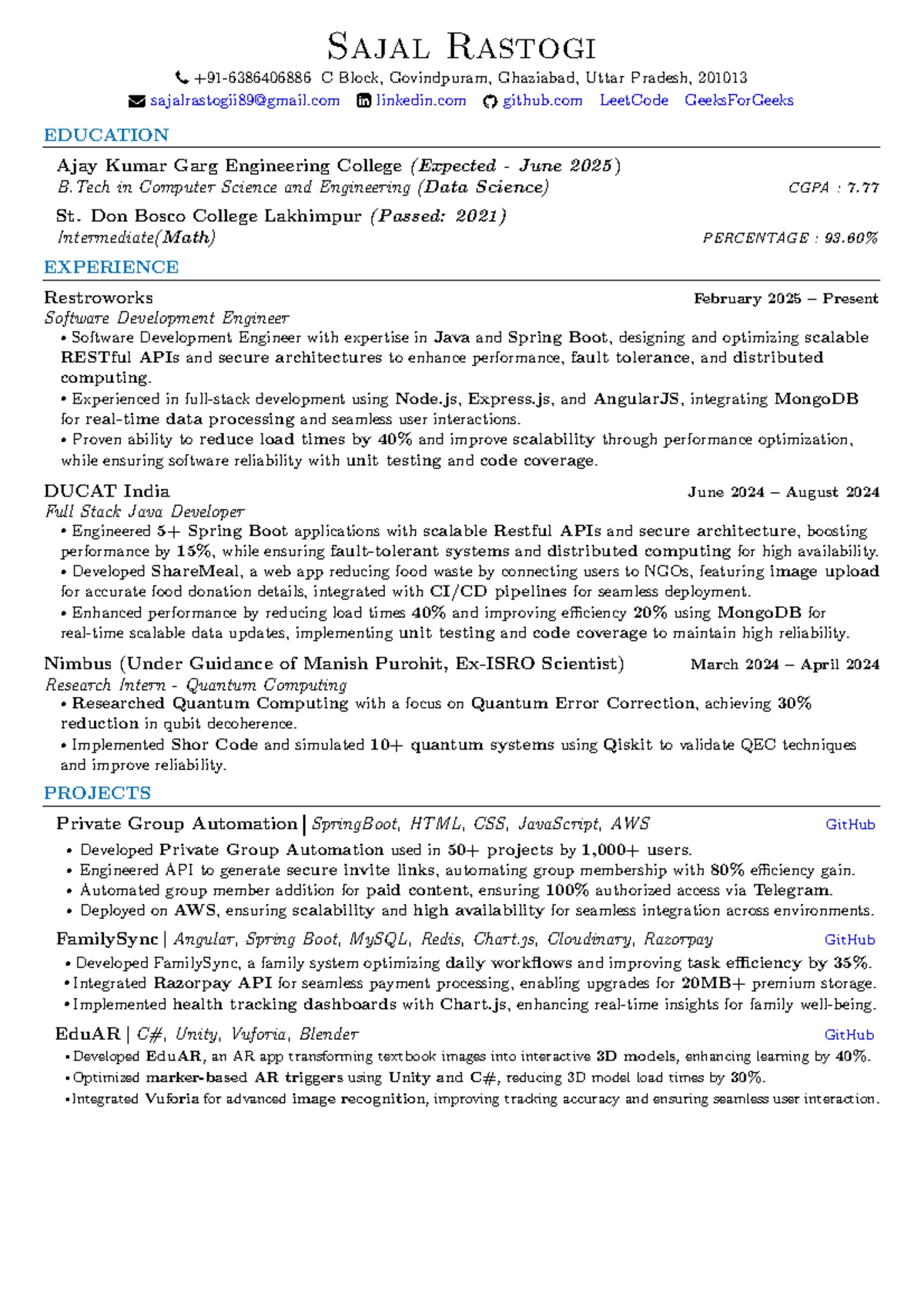 Sajal Rastogi B.Tech CSE Resume - Ajay Kumar Garg College 2025 - Studocu