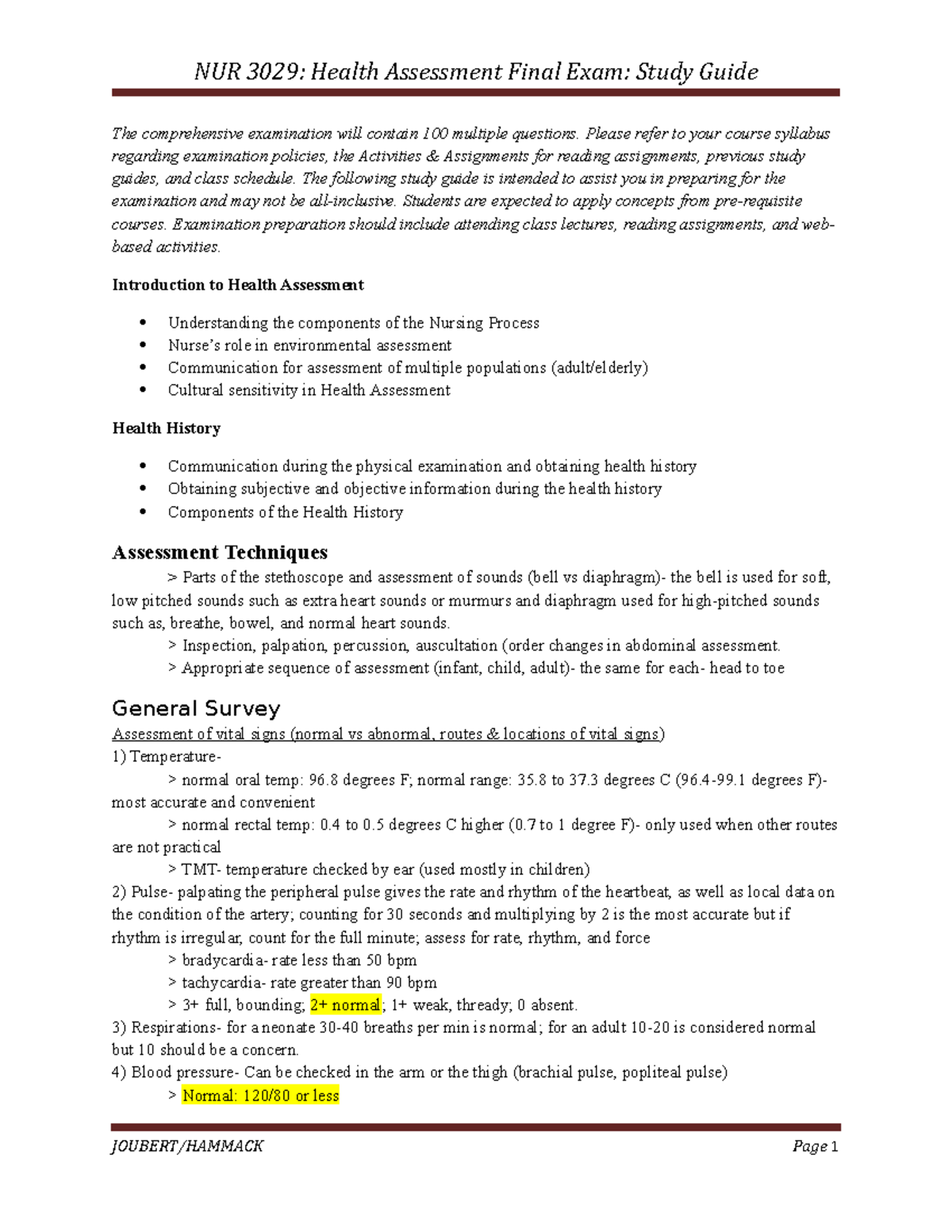 Health Assessment Final Exam Study Guide - IH 101 - Studocu