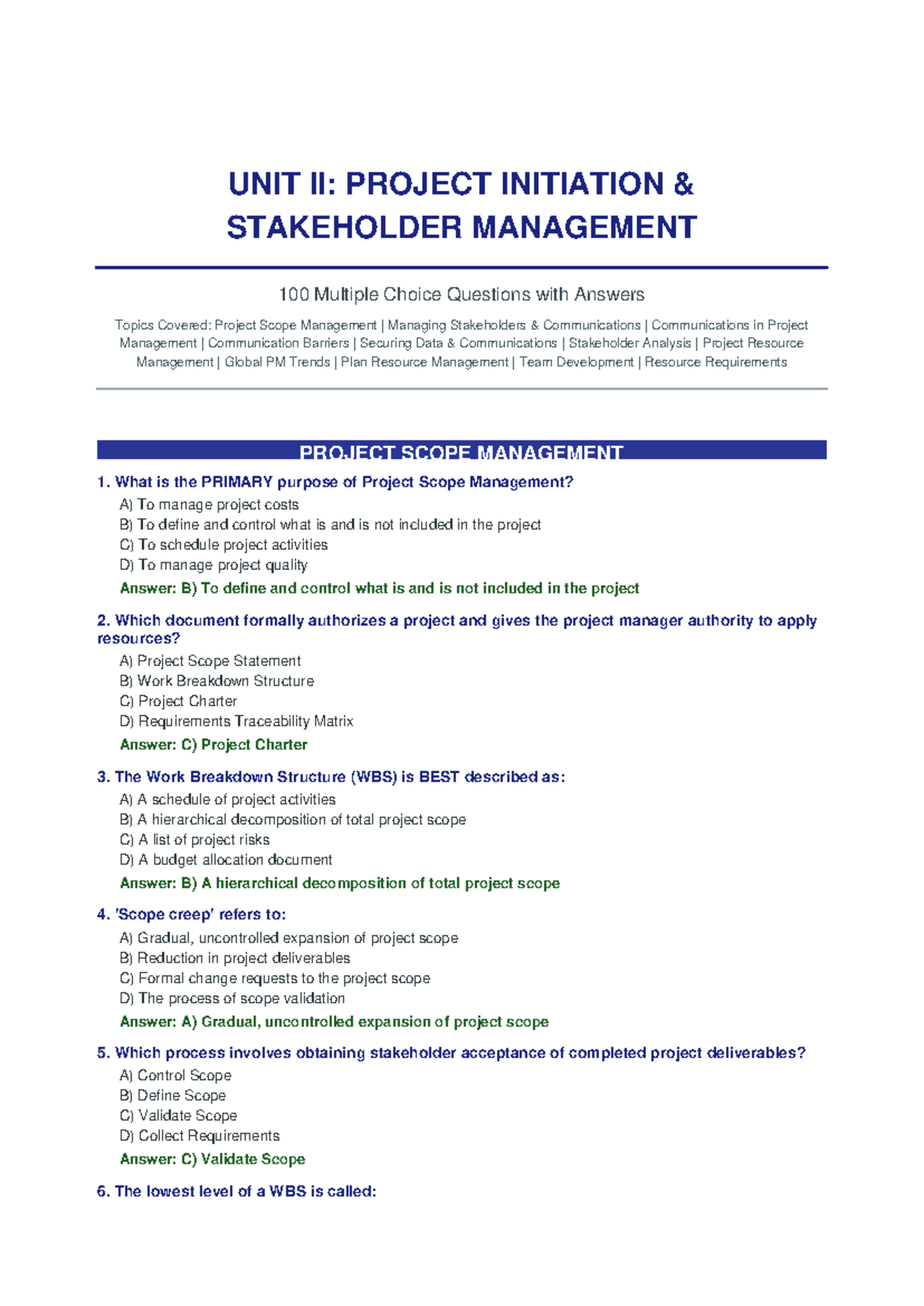Unit II: Project Management - 100 MCQs on Stakeholder Management - Studocu