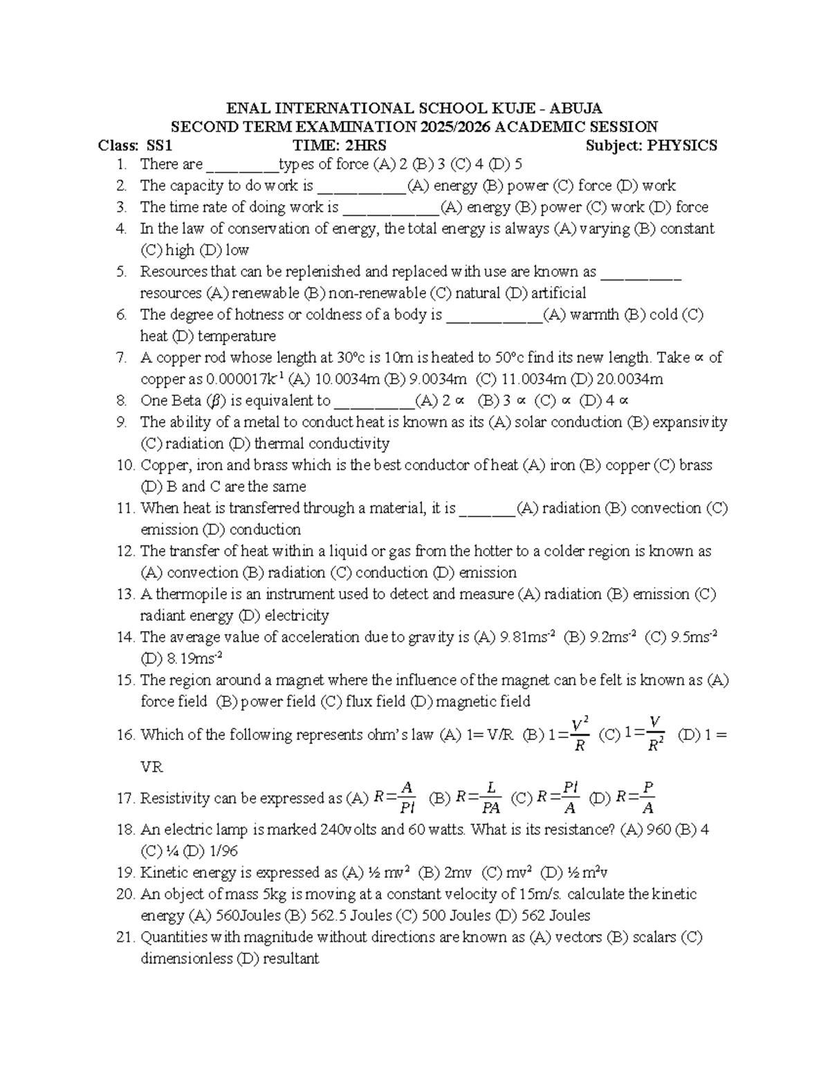 Physics SS1 Second Term Examination Questions - Studocu