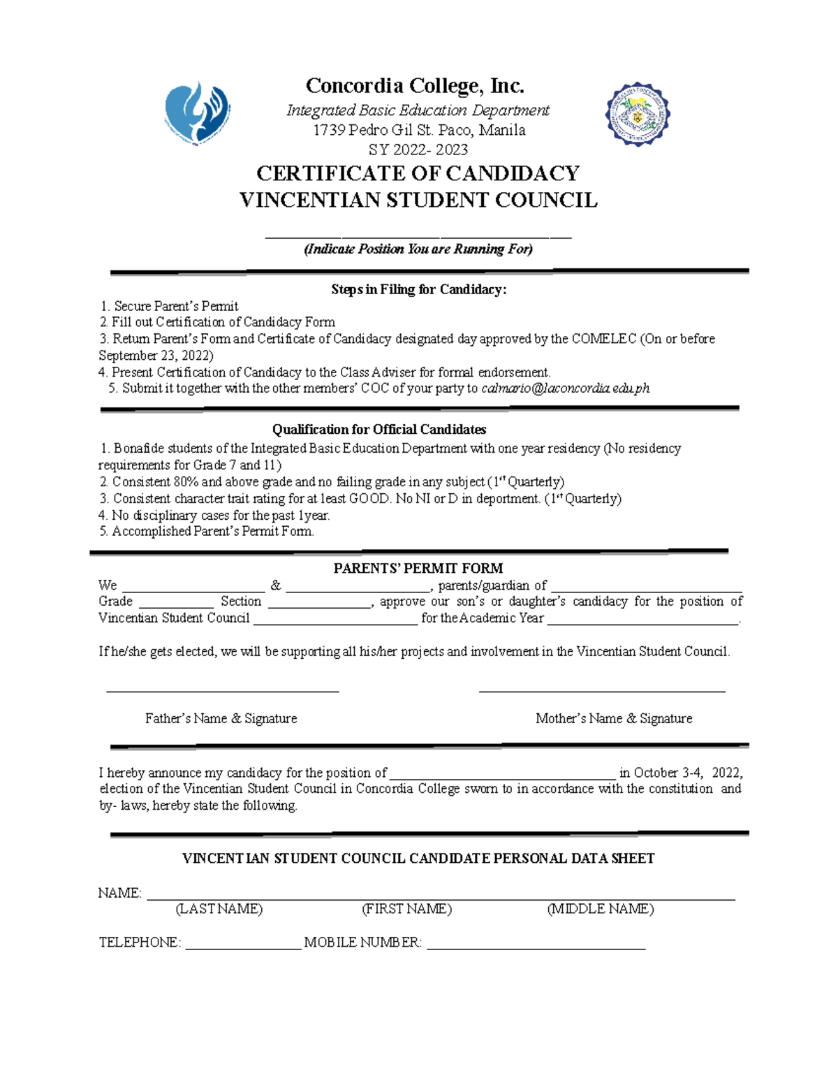 Certificate of Candidacy for Vincentian Student Council 2022-2023 - Studocu