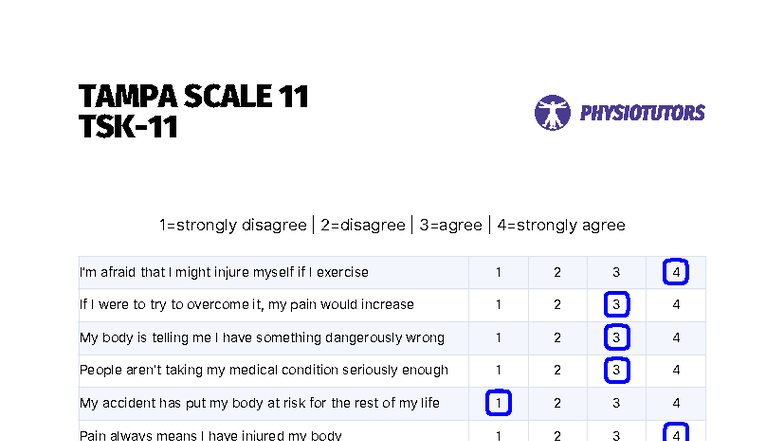 Tampa Scale of Kinesiophobia (TSK 11) Assessment Questionnaire - Studocu