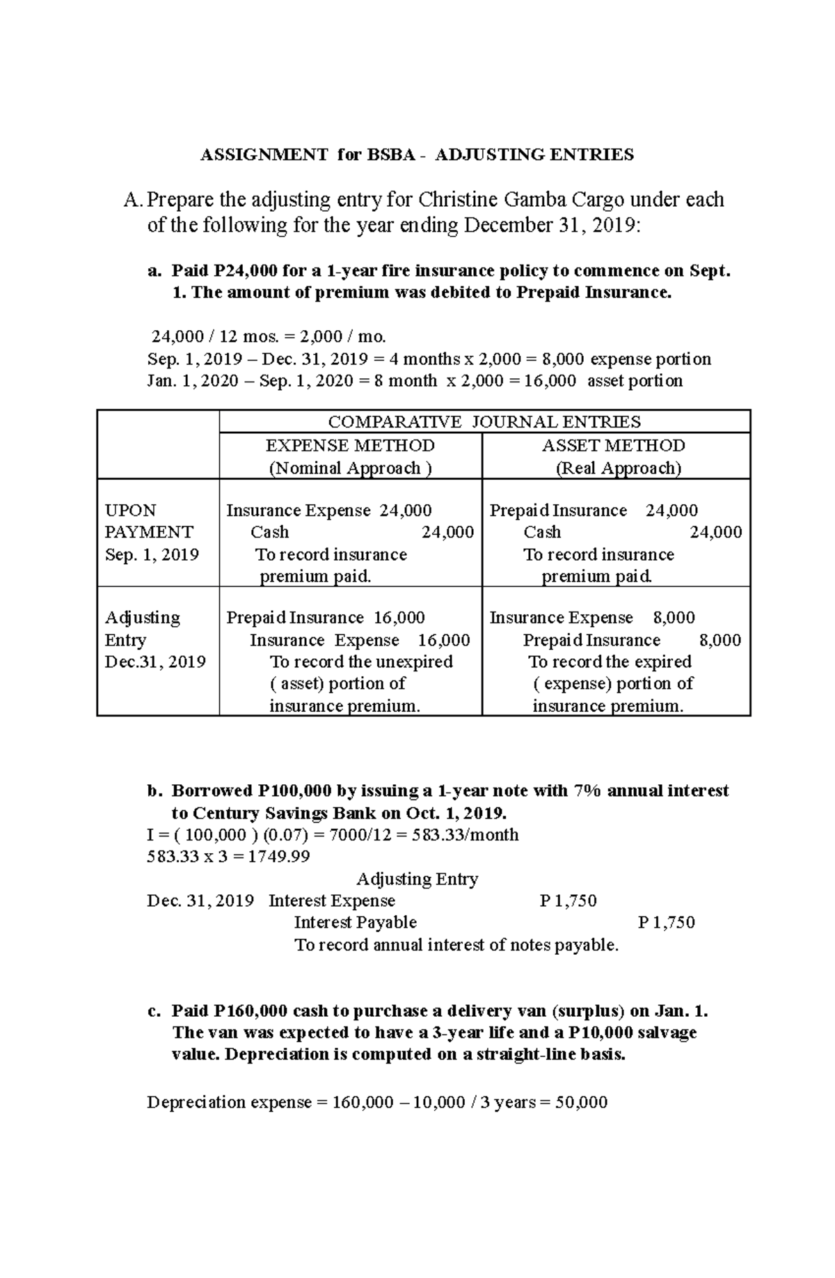 Adjusting Entries for BSBA Course: Christine Gamba Cargo Assignment ...