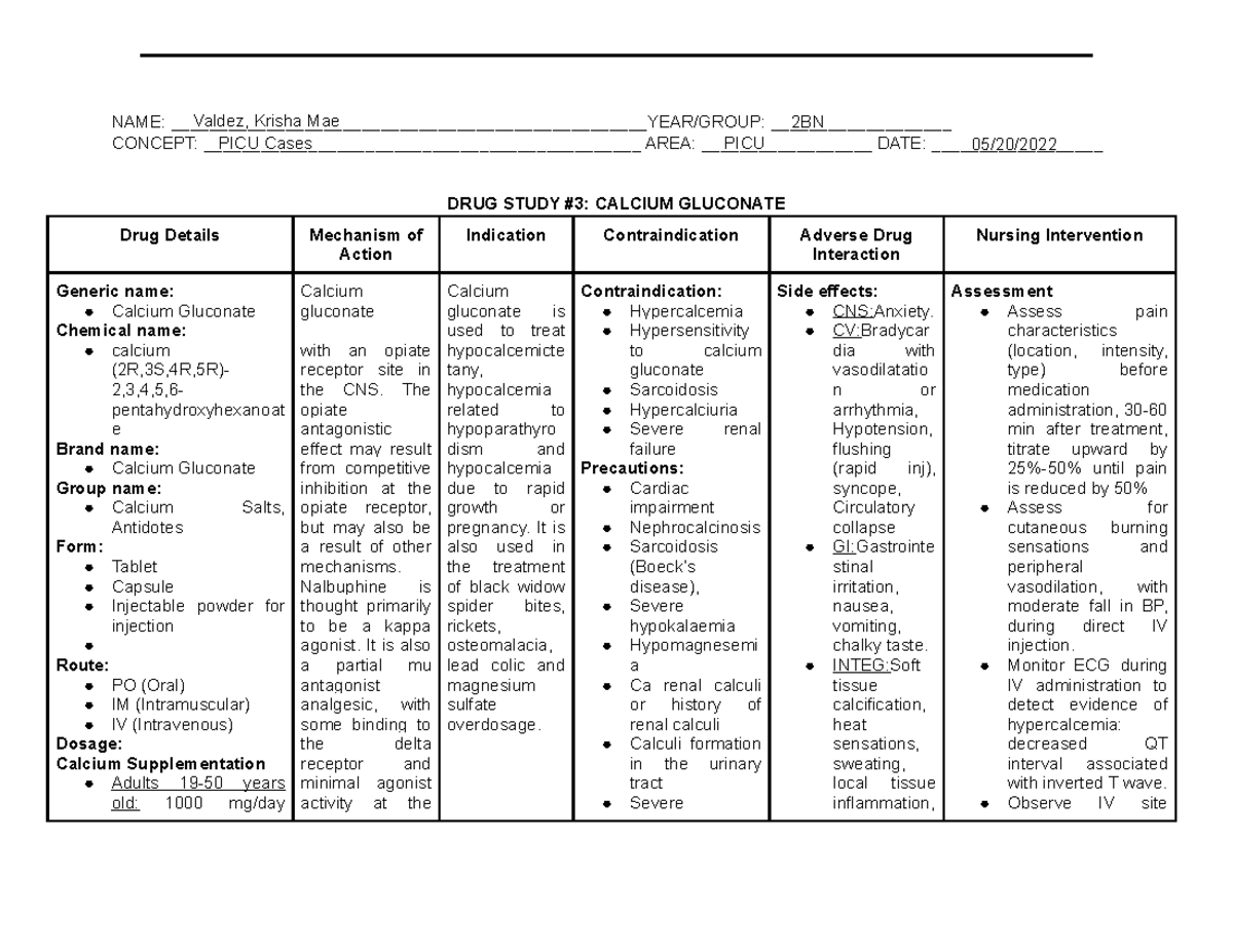 DRUG Study #3 - Comprehensive Overview of Calcium Gluconate - Studocu