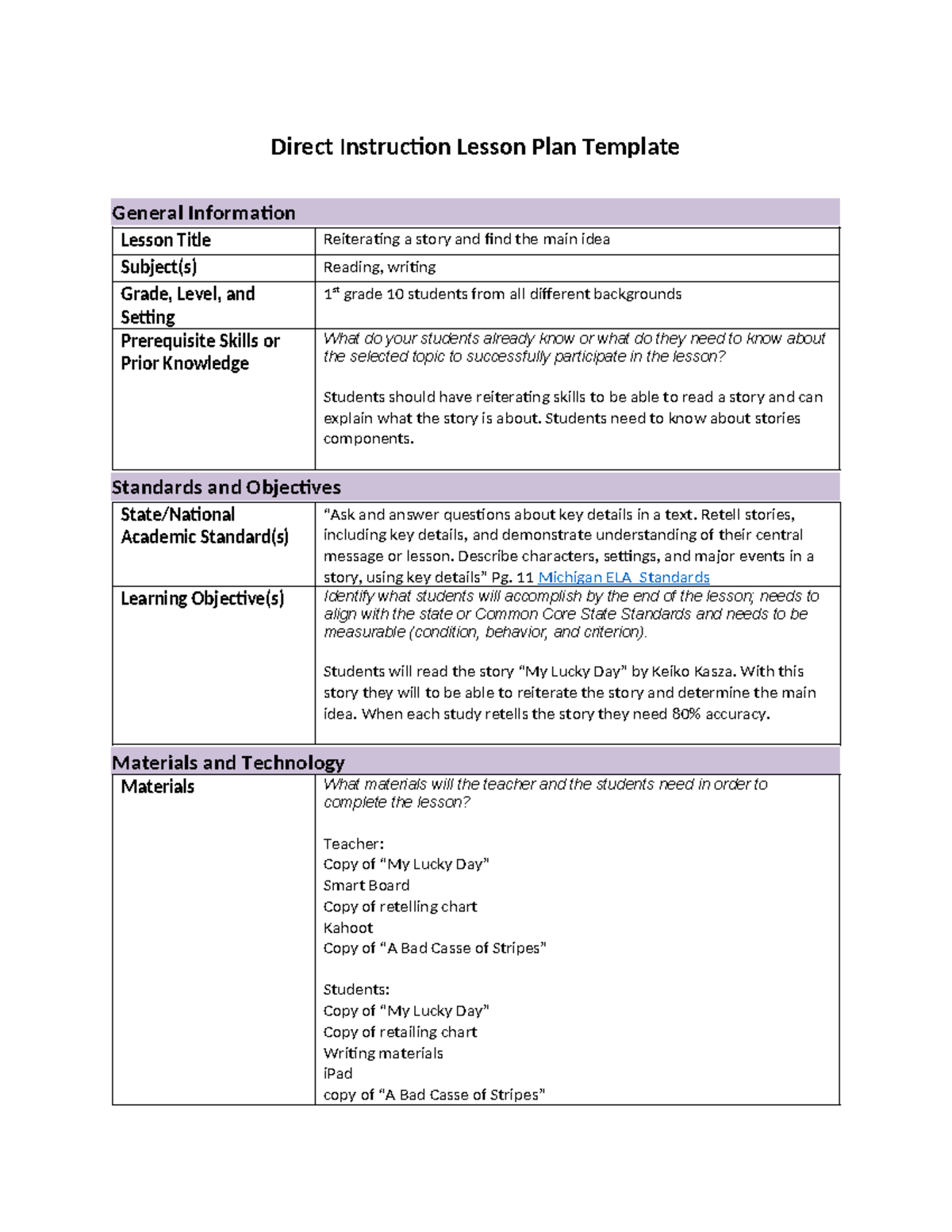 LXM2 TASK 1: Direct Instruction Lesson Plan for 1st Grade Reading - Studocu