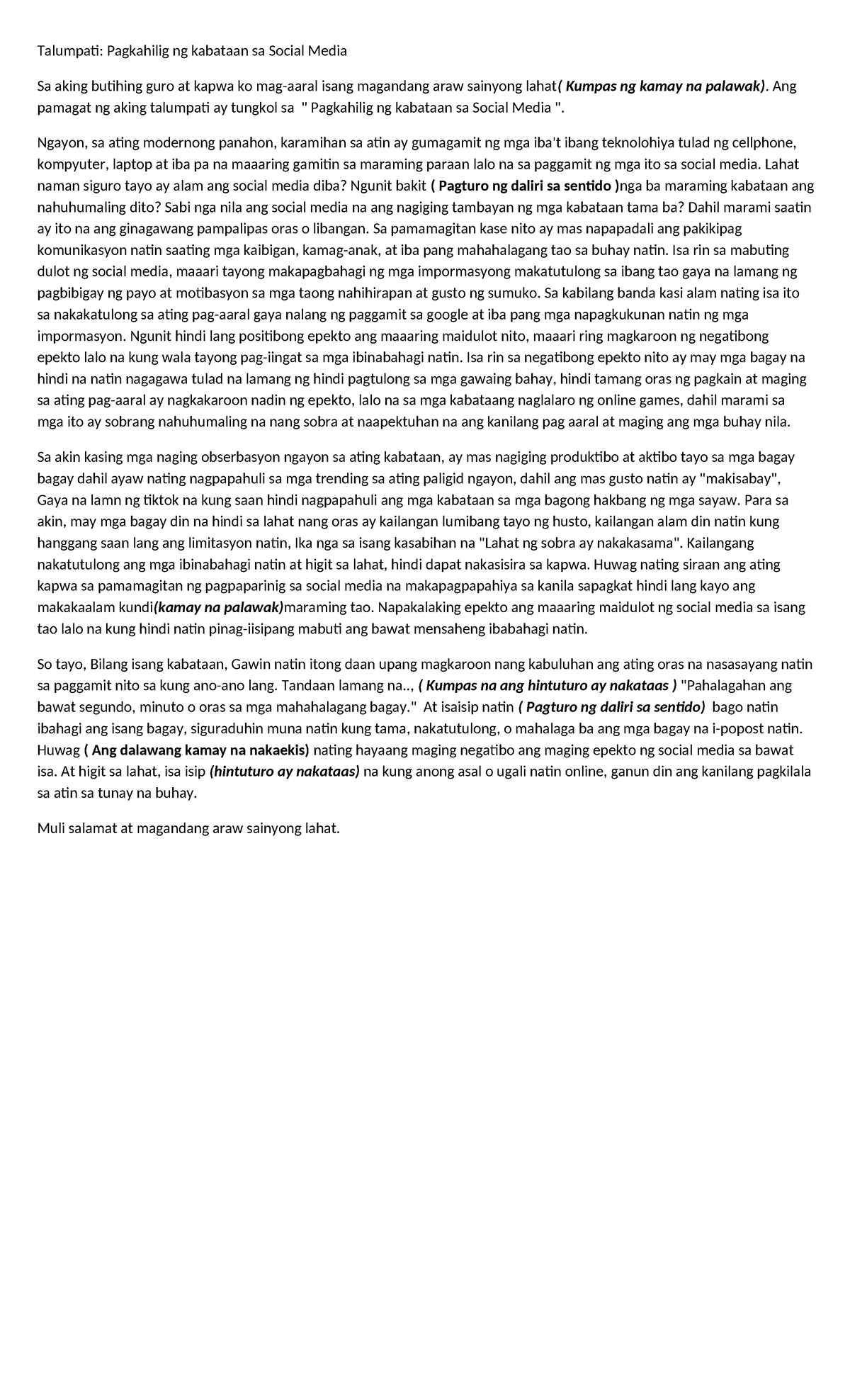 Talumpati: Epekto ng Social Media sa Kabataan - Studocu