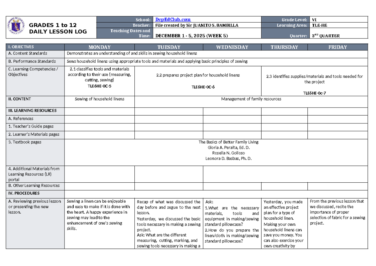 DLL TLE-HE 6 Q3 W5: Sewing Household Linens Lesson Plan - Studocu