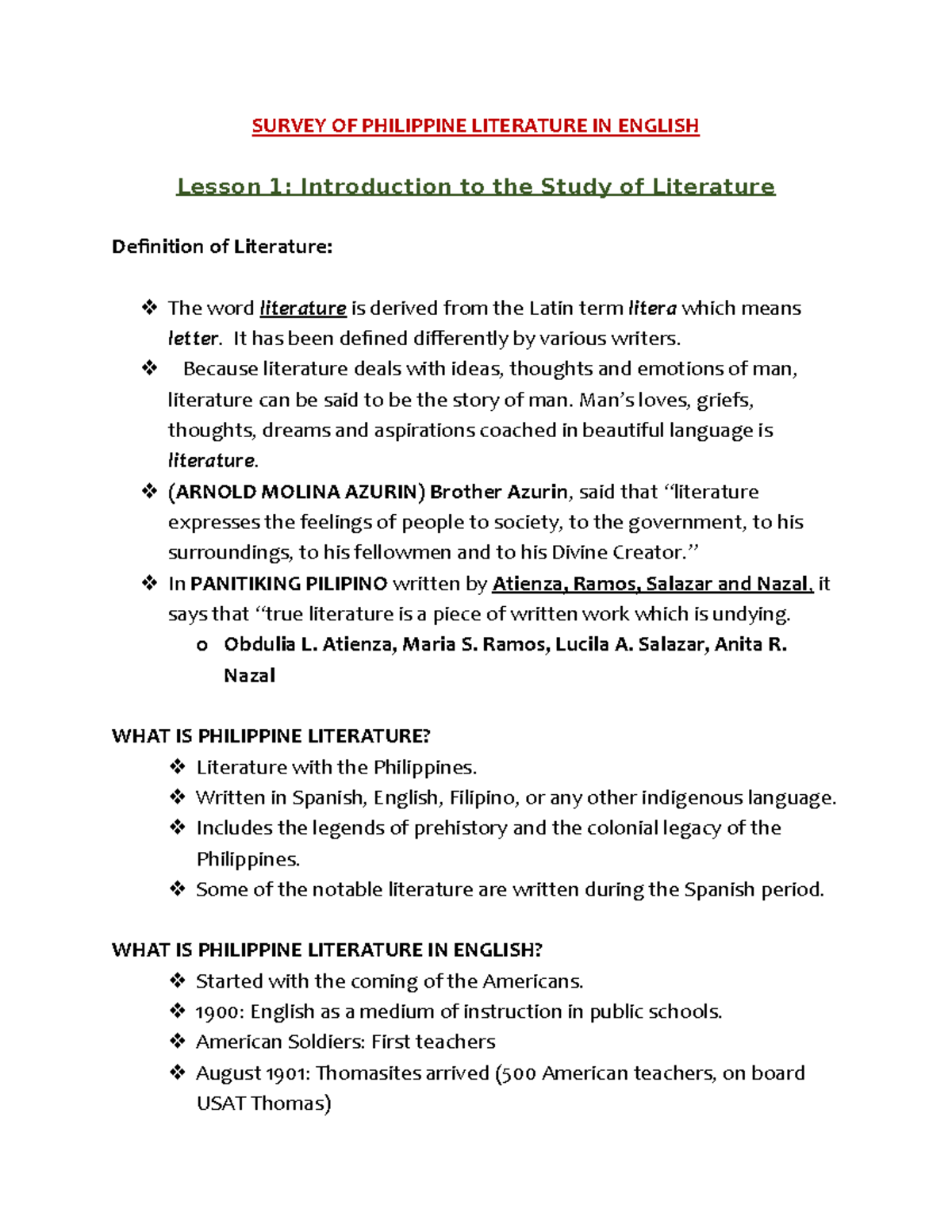 Survey of Philippine Literature in English: An Introductory Lesson ...
