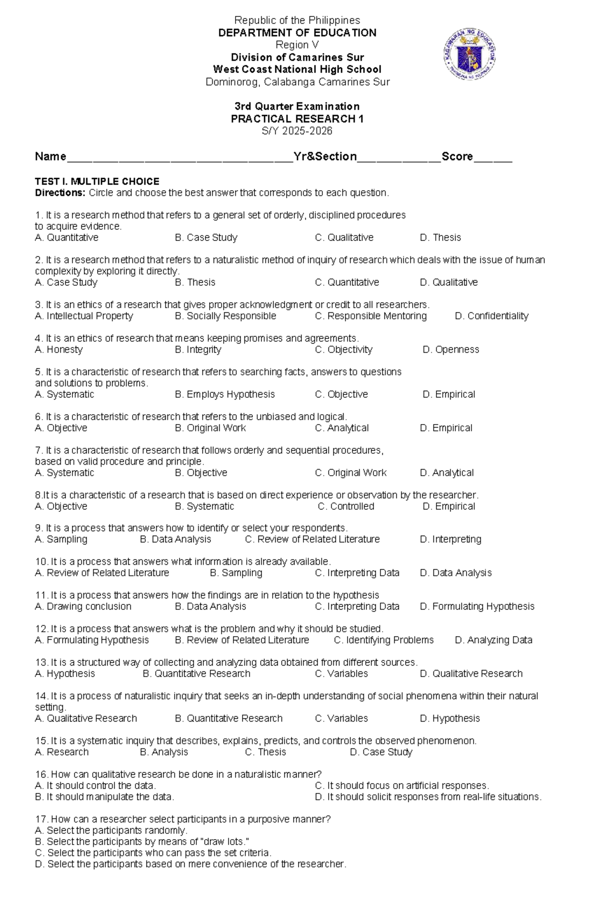 Practical Research 1: 3rd Quarter Exam Review and Questions - Studocu
