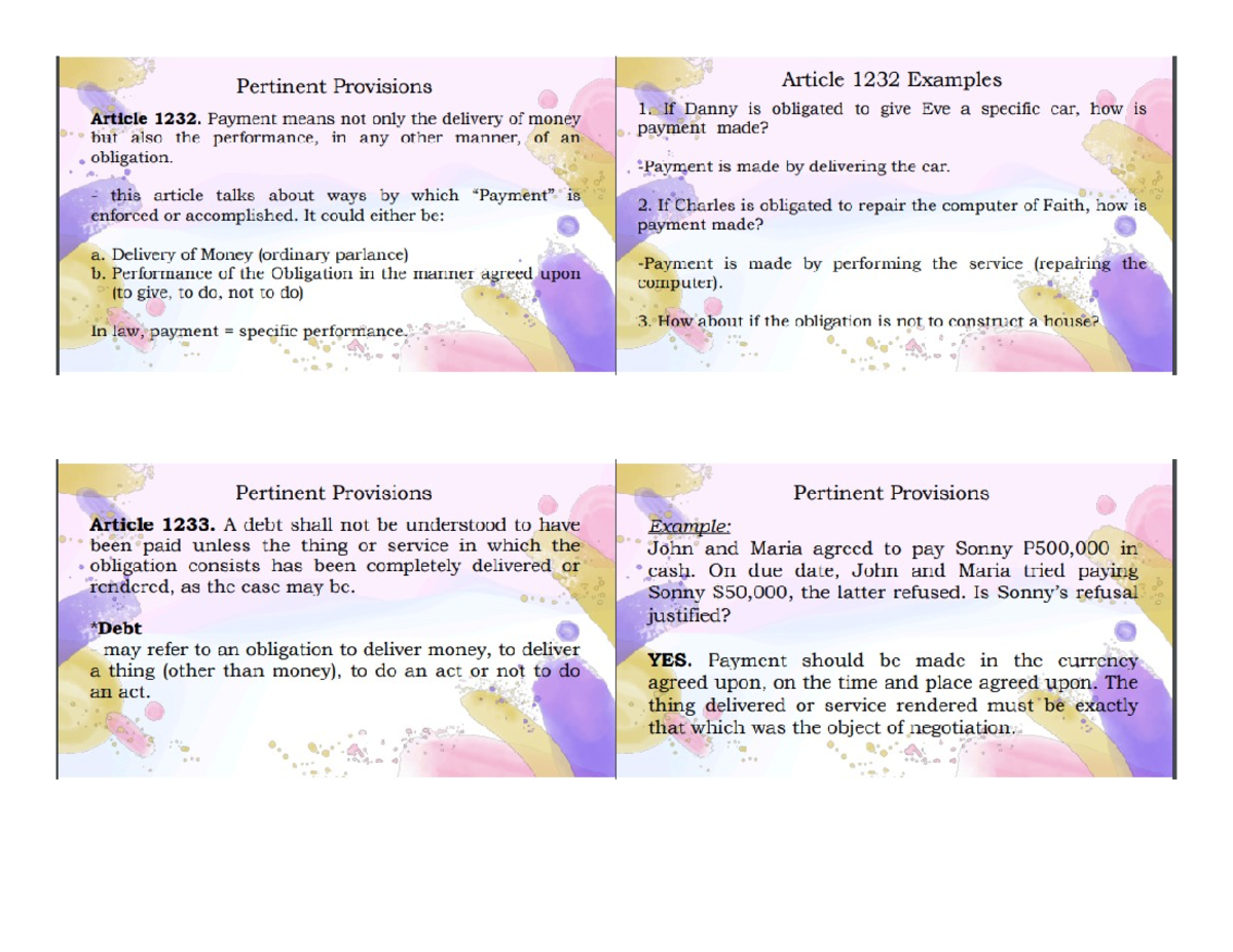 Pertinent Provisions on Article 1232-1234: Obligation & Payment ...