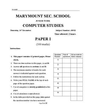 Computer Studies FORM 1 End of Term Two Examination Questions - Studocu