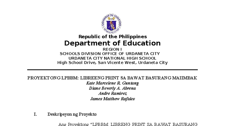 Panukalang Proyekto: LIBRENG PRINT SA BAWAT BASURANG (LPBBM) - Studocu