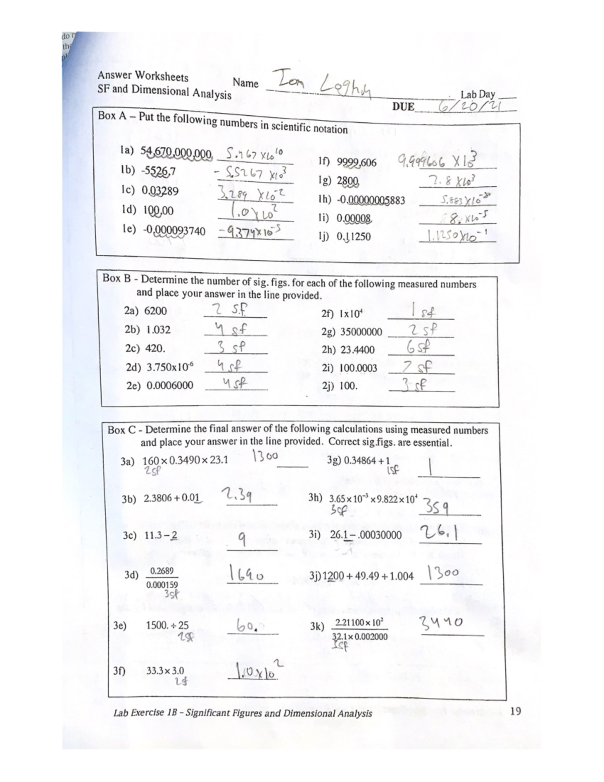 Lab 1B - lab - do Answer Worksheets SF and Dimensional Analysis Name ...