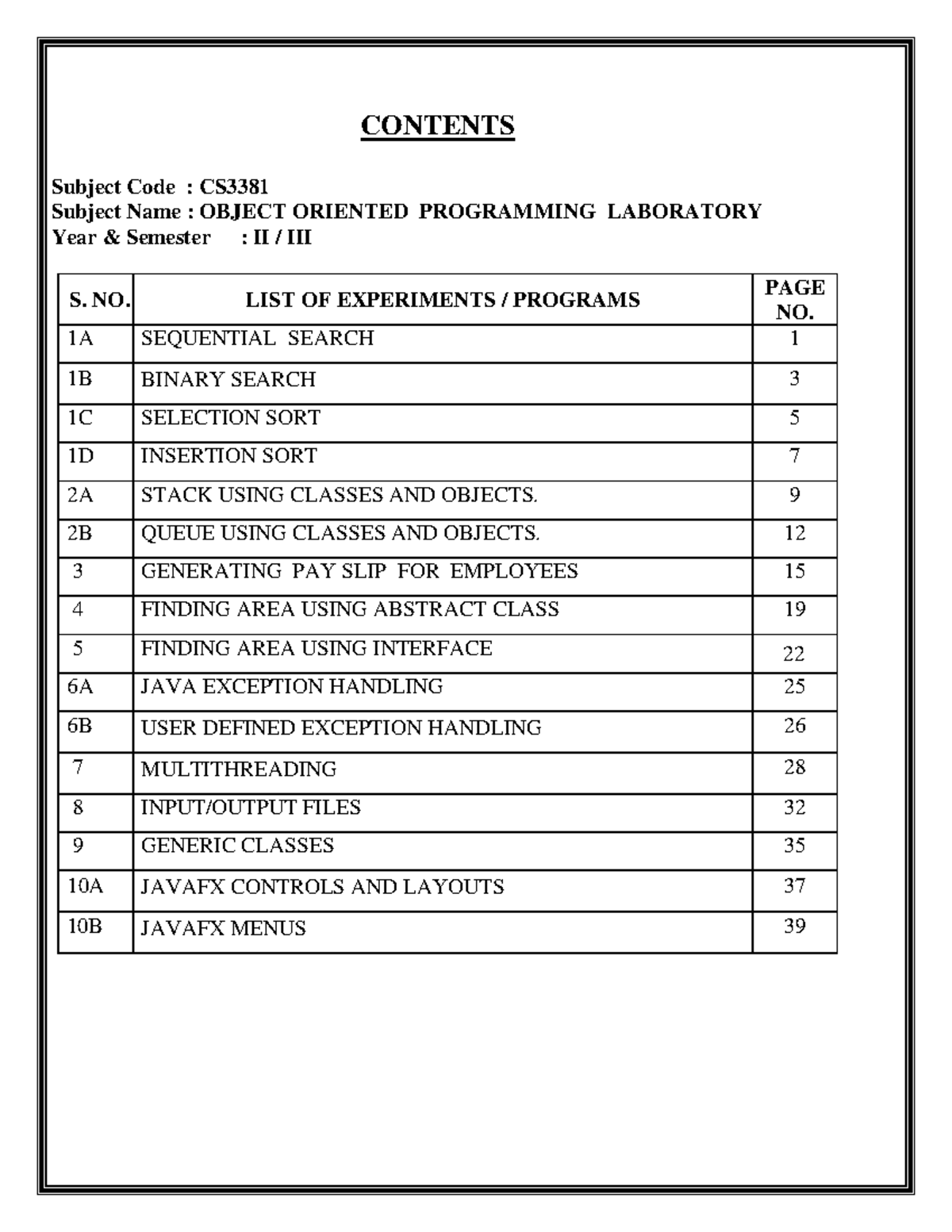CS3381 OBJECT ORIENTED PROGRAMMING LAB MANUAL: EXPERIMENTS & PROGRAMS - Studocu