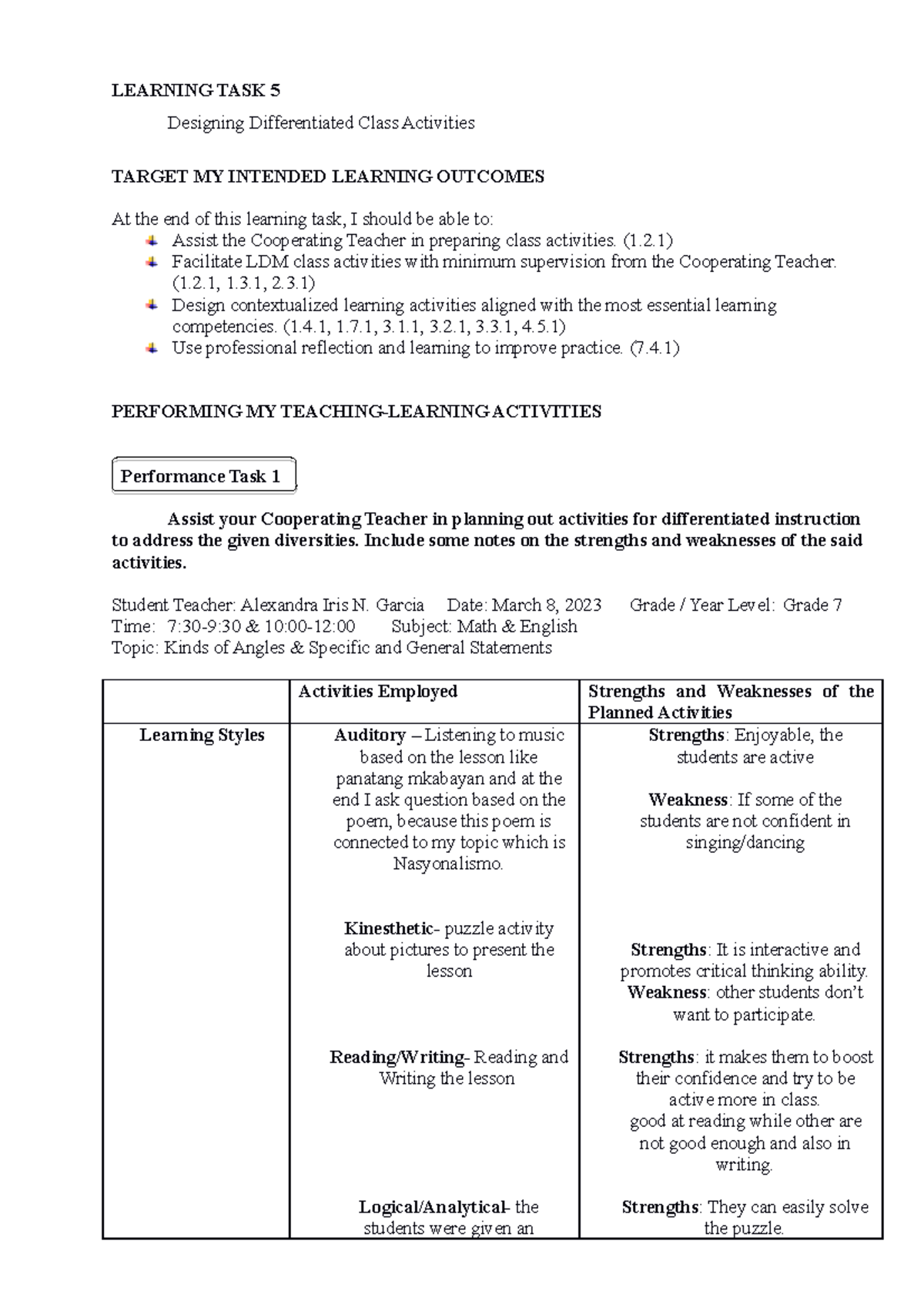 Differentiated Class Activities - Learning Task 5 for Alex - Grade 7 - Studocu