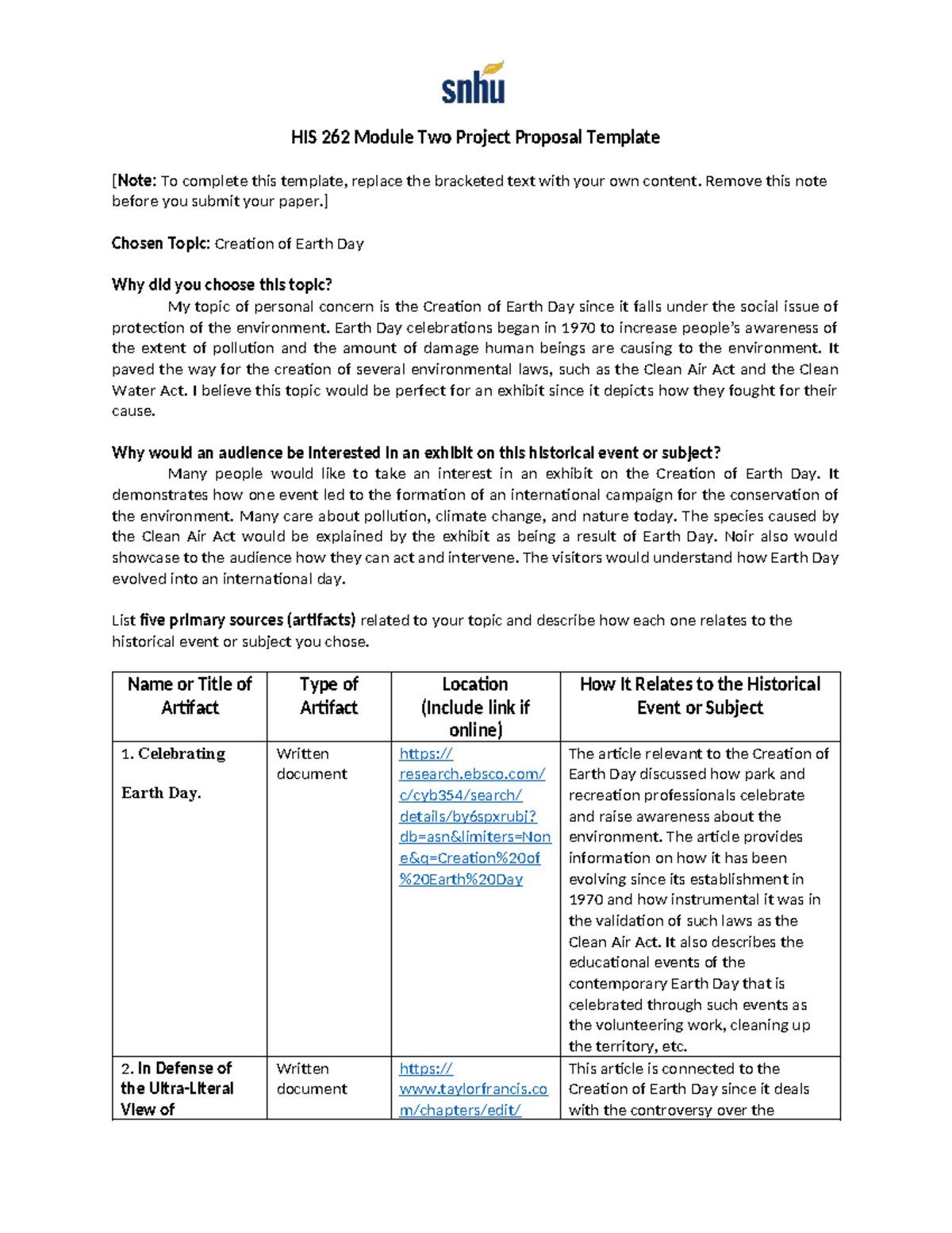 HIS 262 Module Two Project Proposal: Creation of Earth Day - Studocu