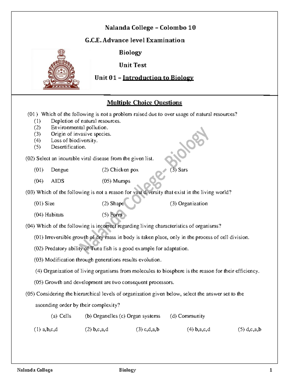 Nalanda College Colombo 10 G.C.E. A/L Biology Unit Test: Intro to ...