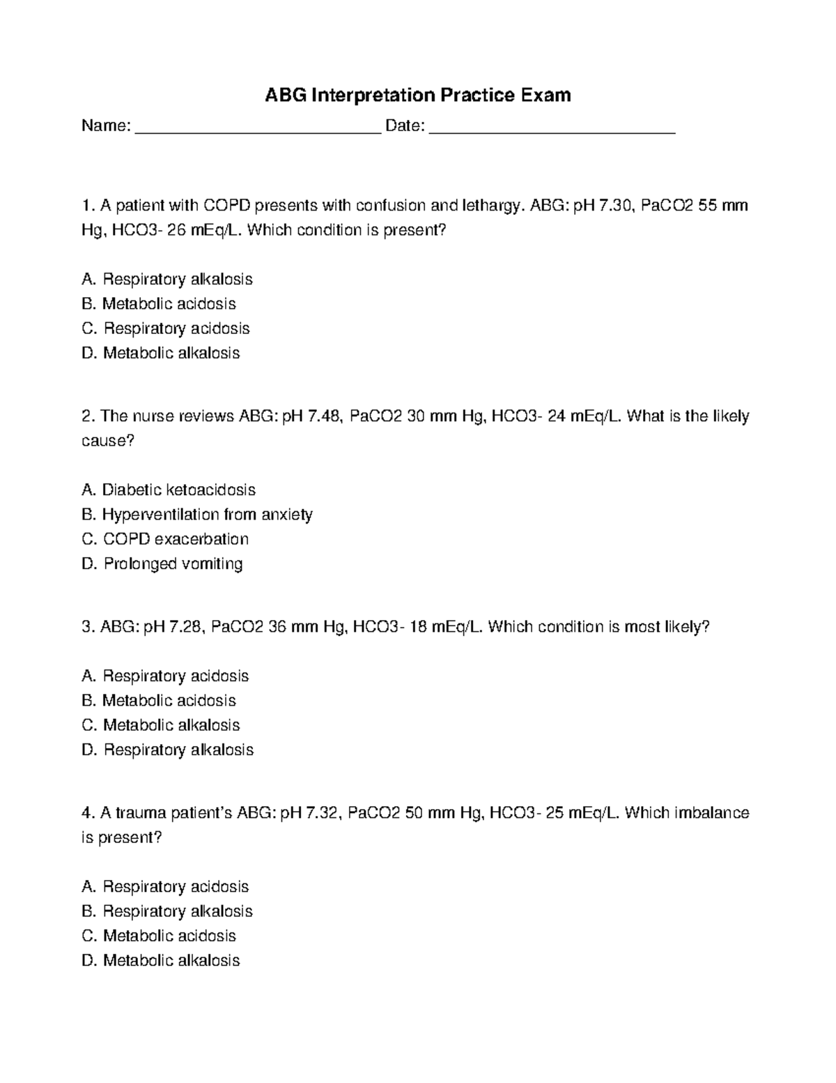 ABG Interpretation Practice Exam Questions (NUR 101) - Studocu