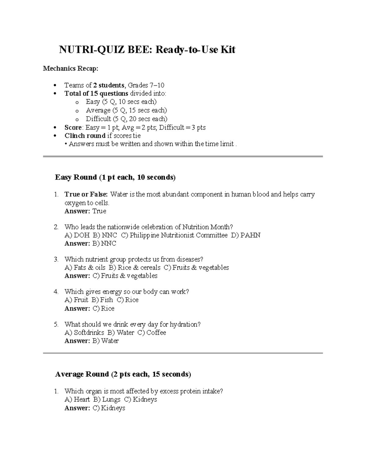 Nutri Quiz Bee 1: Ready-to-Use Kit for BEE Exam Prep - Studocu