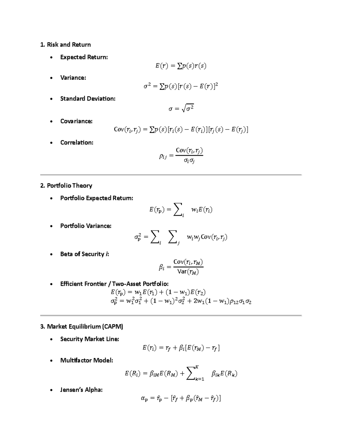 Finance 101: Risk, Return, and Portfolio Theory Formula Sheet - Studeersnel