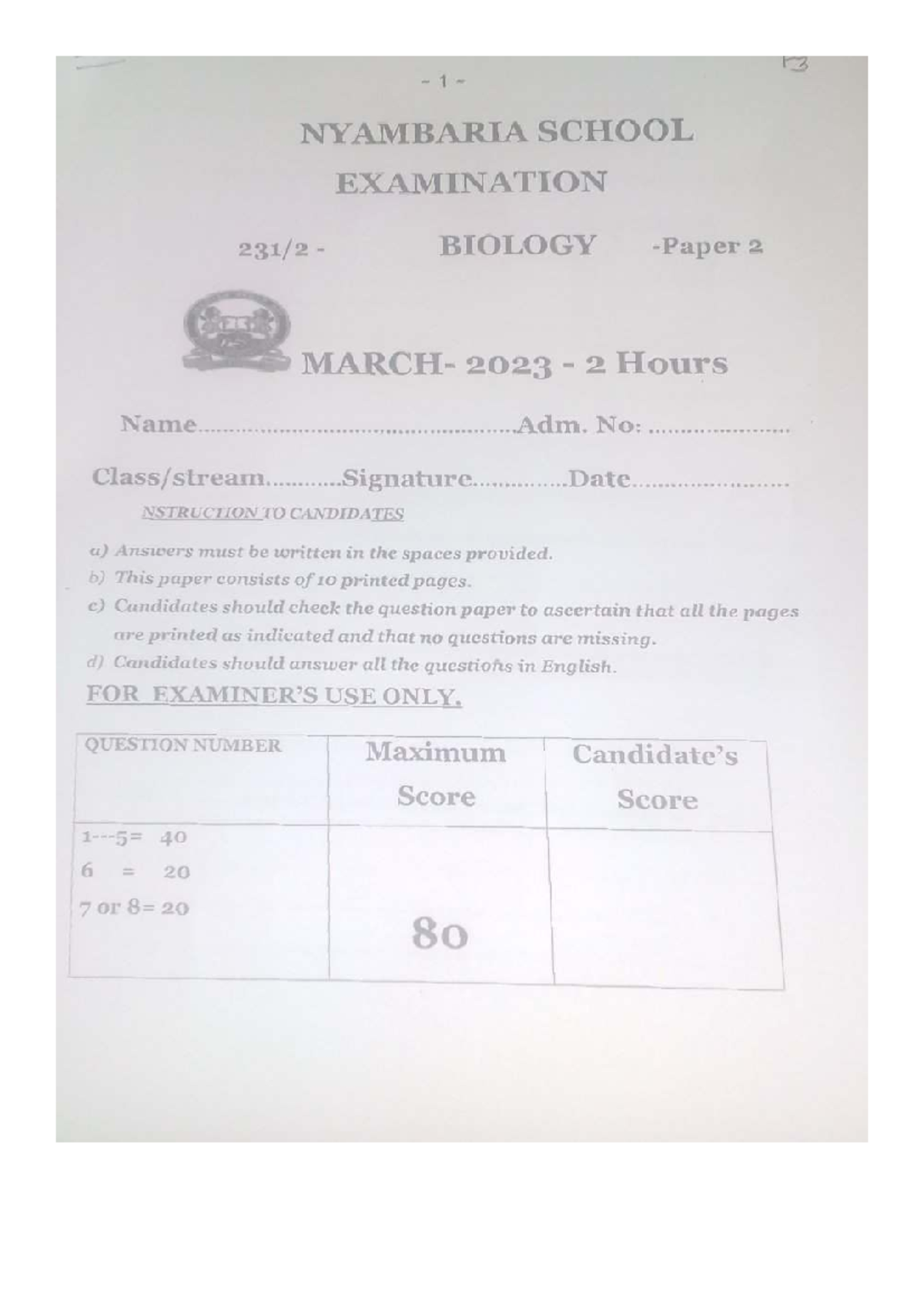 Biology 2 NYAMBARIA SCHOOL EXAM 2023 - 2 Hours - Studocu