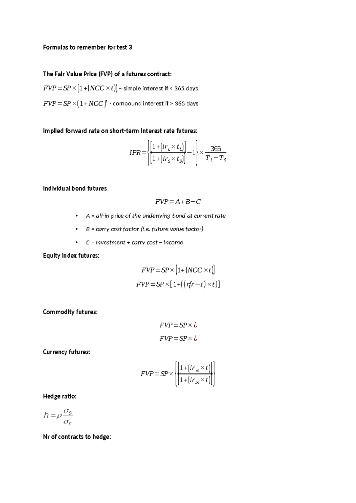 Formula Sheet for Test 3: Fair Value Price & Futures - Studocu