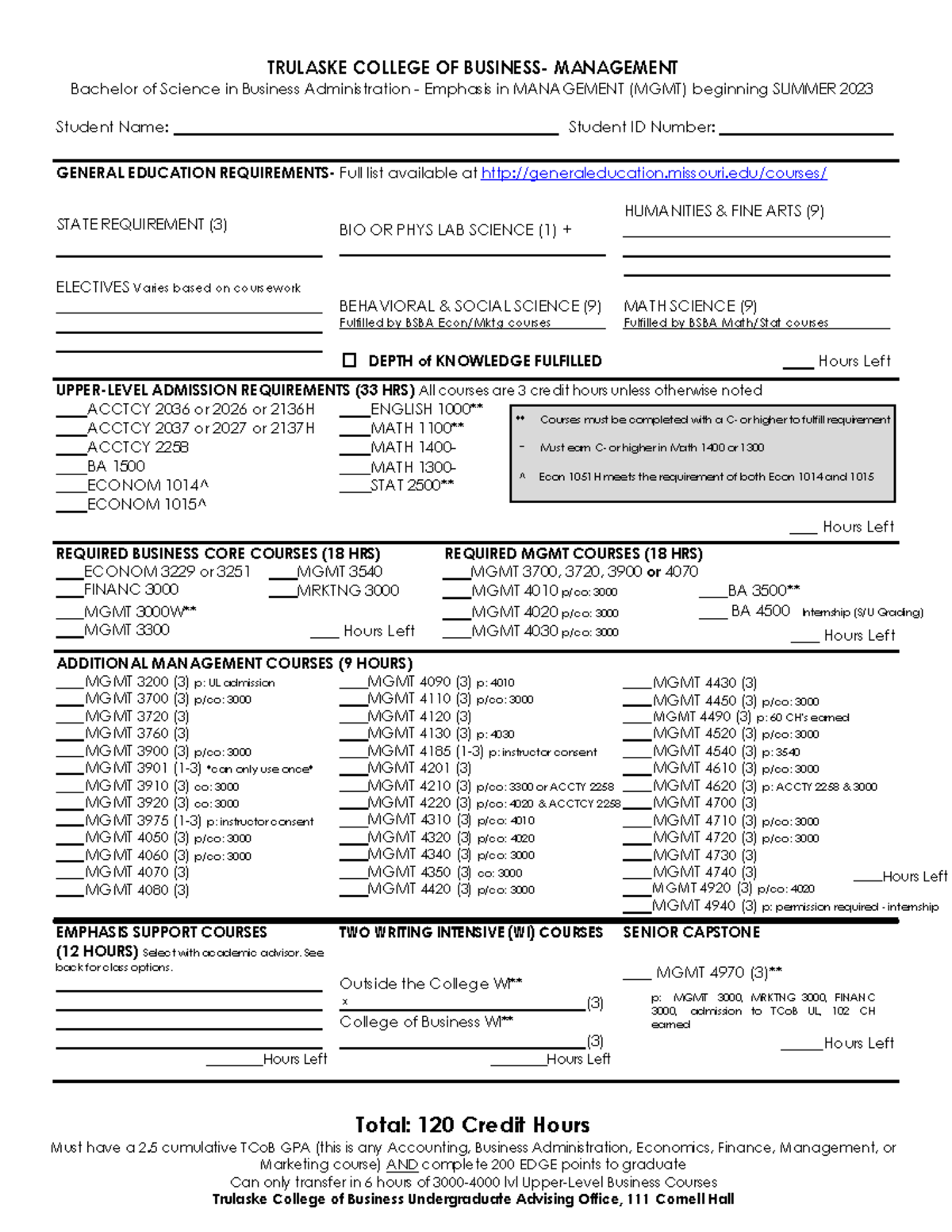 SS23 MGMT Degree Requirements Checksheet for Trulaske College - Studocu