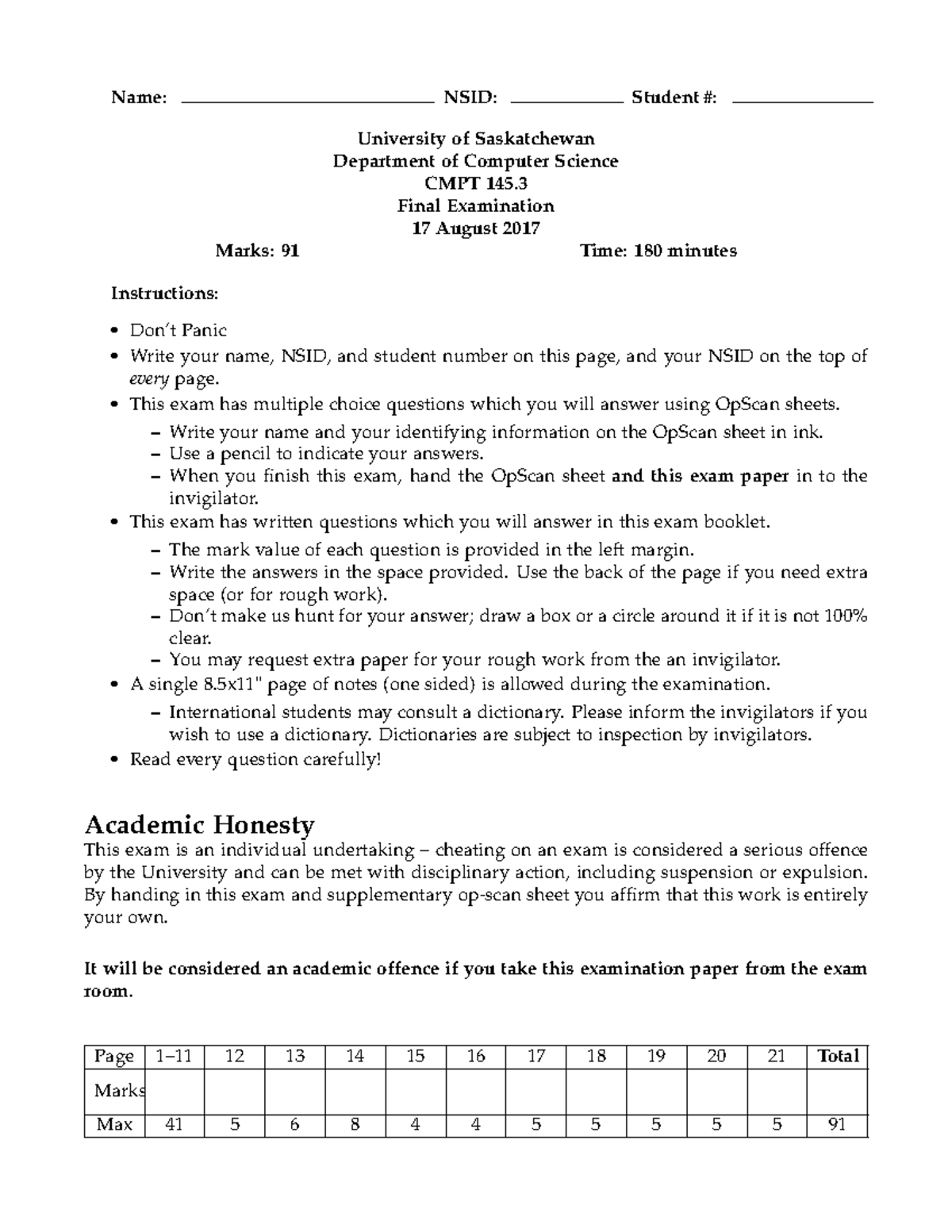CMPT 145 Final Exam (2017) - Comprehensive Review and Instructions ...