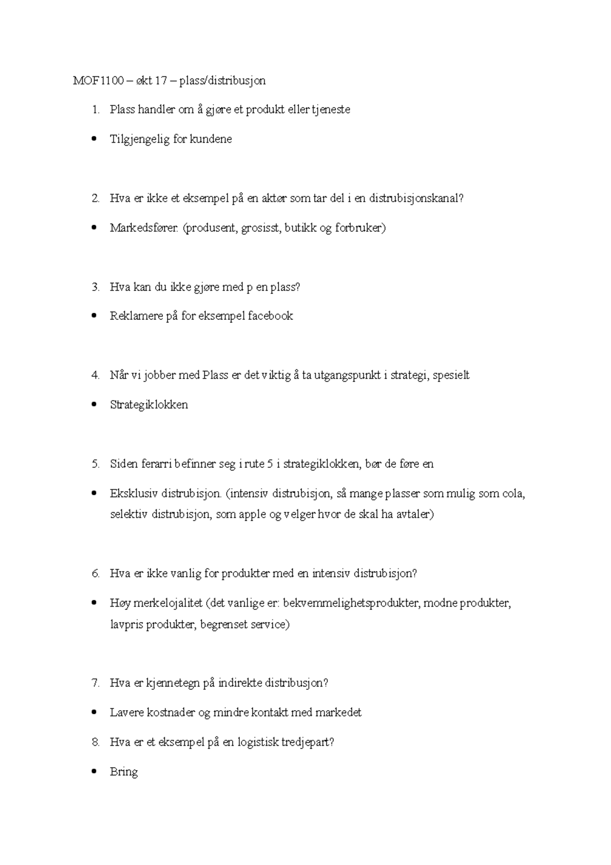 økt 17 - Notater fra forelesning - MOF1100 – økt 17 – plass/distribusjon 1. Plass handler om å ...