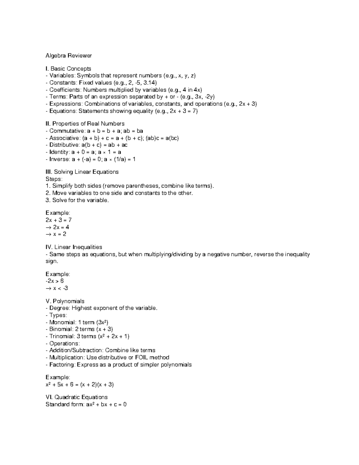 Algebra Reviewer I: Key Concepts and Techniques for Success - Studocu