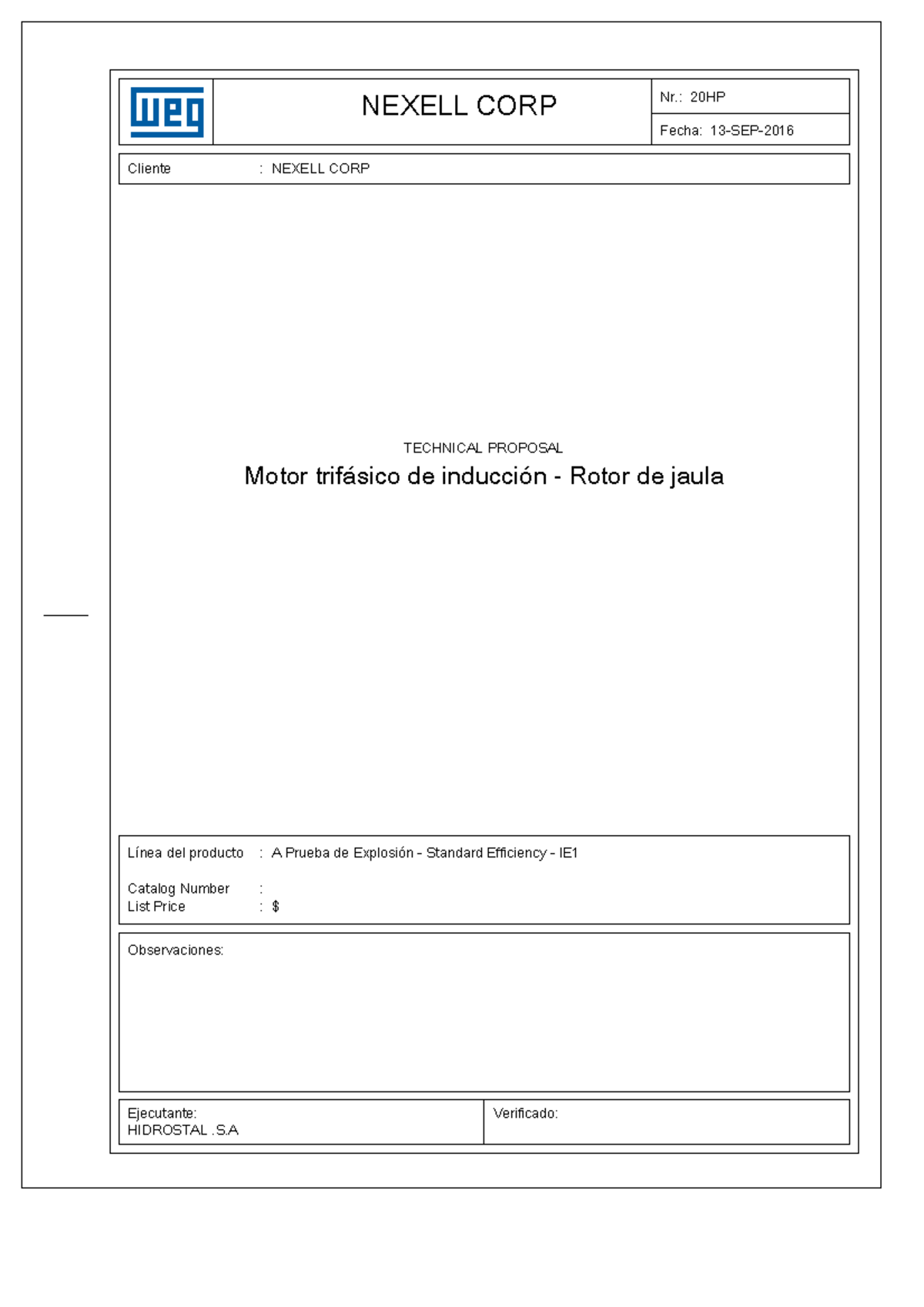 Technical Proposal: 20HP Induction Motor for NEXELL CORP - Explosion ...