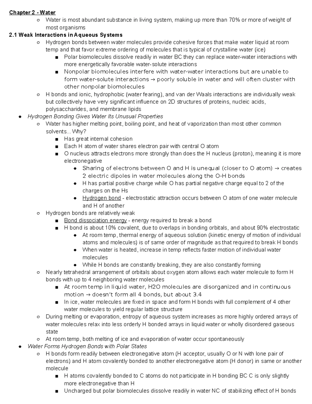Lehninger Chapter 2 - Water - Chapter 2 - Water Water is most abundant ...