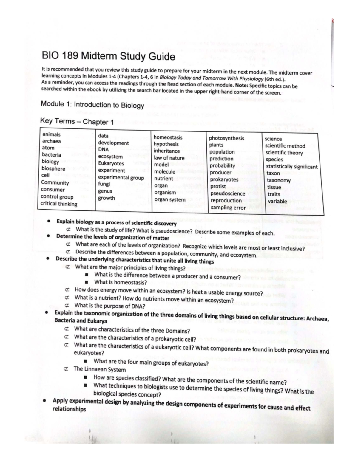BIO 189 Midterm Exam Study Guide: Key Concepts & Topics - Studocu