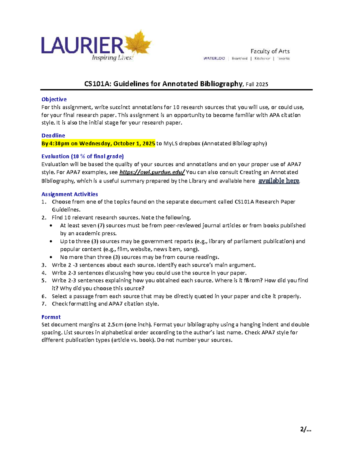 CS101A: Annotated Bibliography Guidelines for Final Paper, Fall 2025 ...