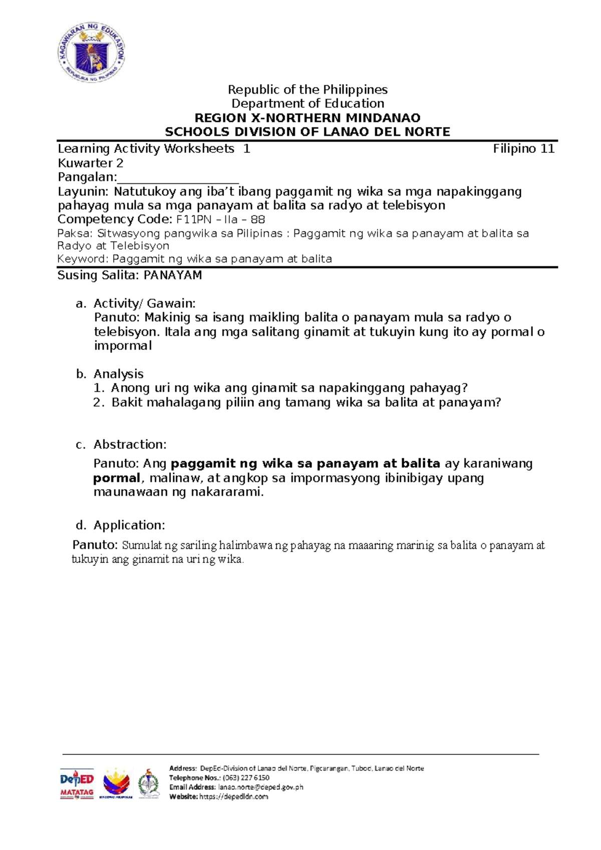 Filipino 11 Activity Worksheets: Language Use in Media (2nd Qtr) - Studocu